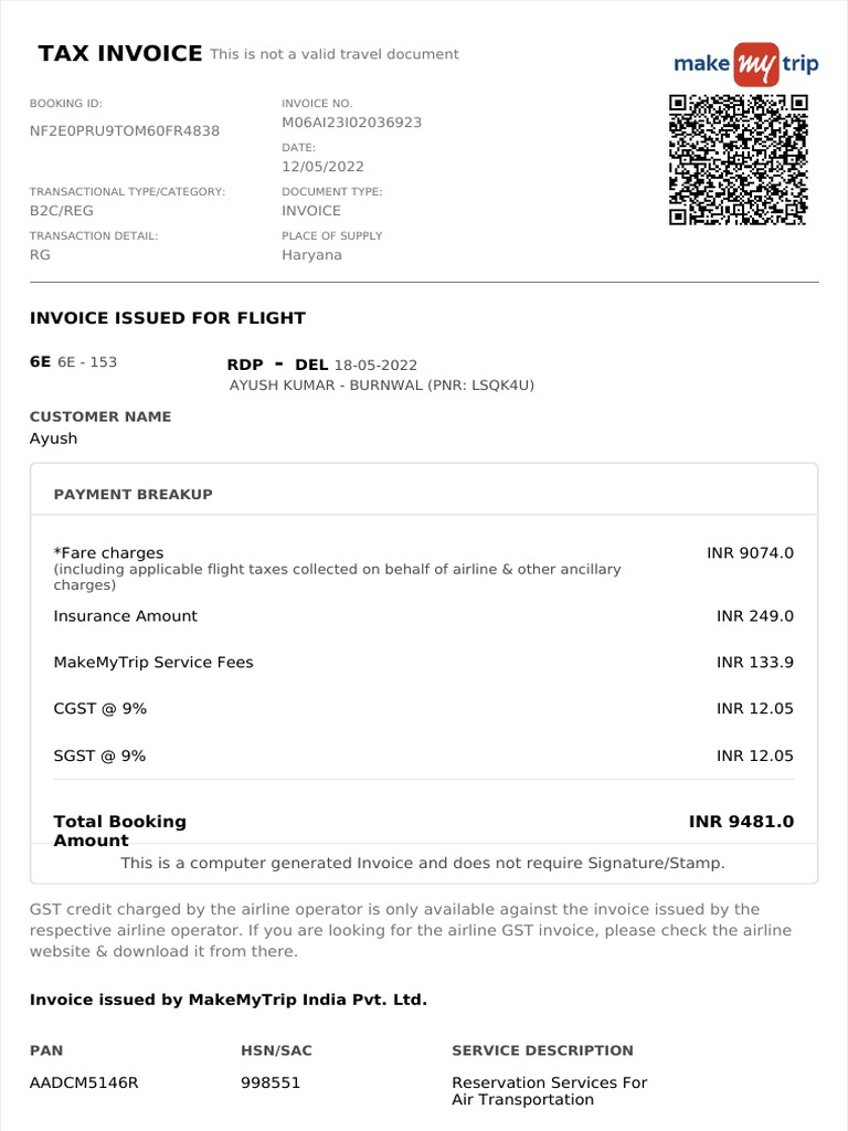 Flight Invoice for Ayush Kumar | PDF