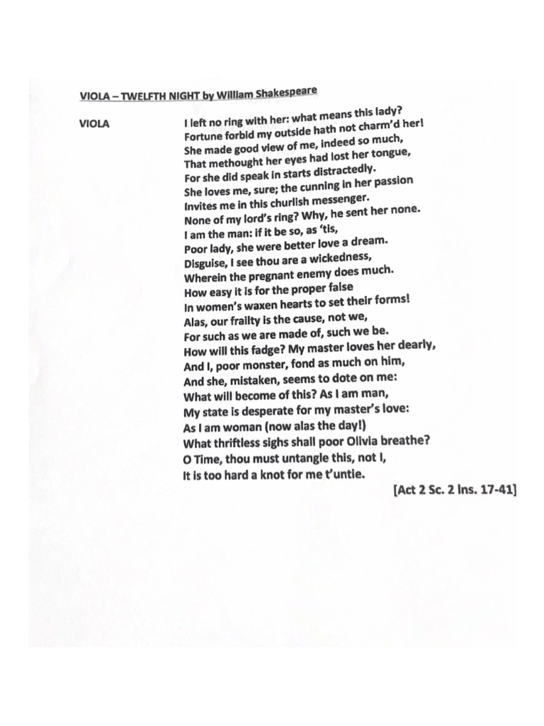 VIOLA - TWELFTH NIGHT by William Shakespeare | PDF