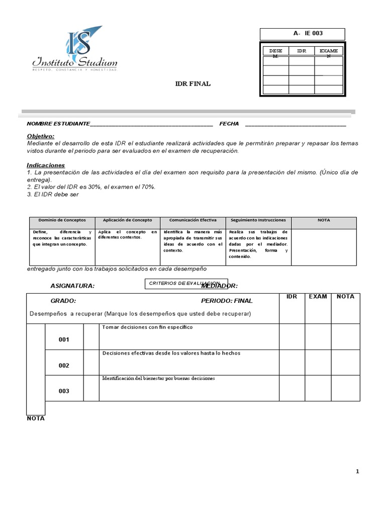 IDR Examen | PDF | Prueba (evaluación) | Cognición