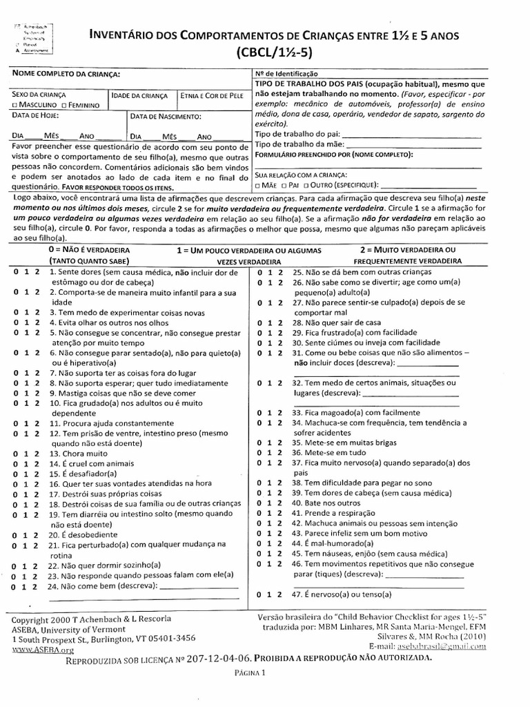 CBCL 1 Ano e Meio Ate 5 Anos | PDF
