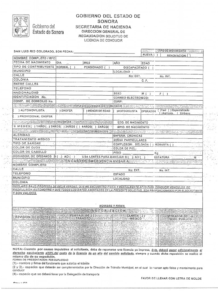 SOLICITUD DE LICENCIA DE CONDUCIR SONORA 2022 | PDF