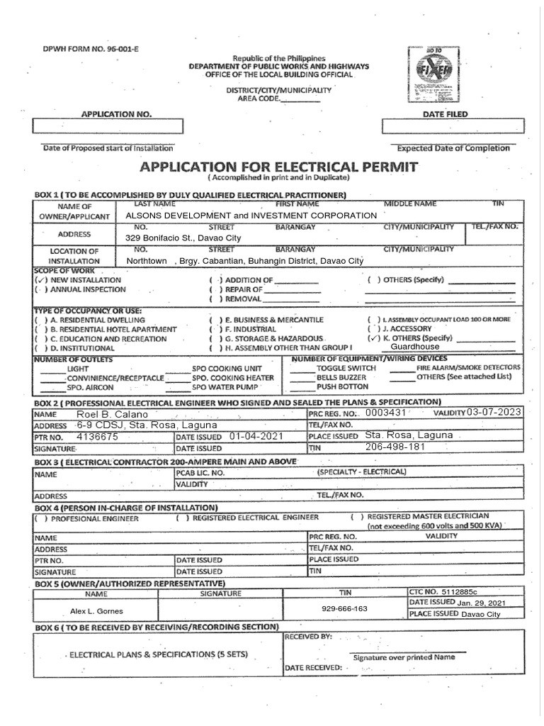 DPWH 96-001 E - Electrical Permit Application Form | PDF