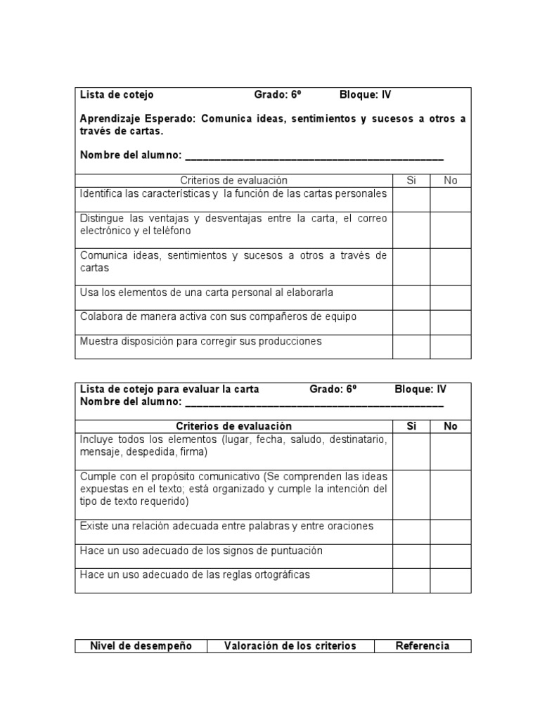 Cotejo de Cartas para 6º Grado | PDF