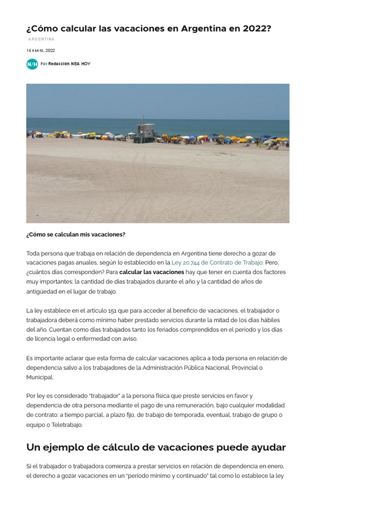 Cómo Calcular Las Vacaciones en Argentina en 2022 - NEA HOY | PDF ...
