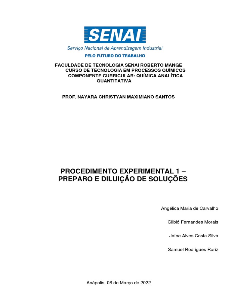 Procedimento Experimental 1 - Preparo e Diluição de Soluções-1 | PDF ...