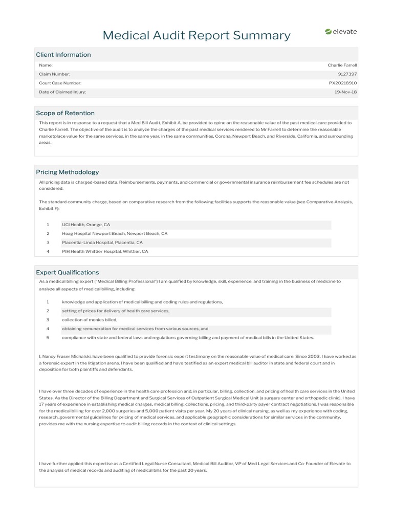 Medical Audit Report Summary Provides Reasonable Value Opinion | PDF ...