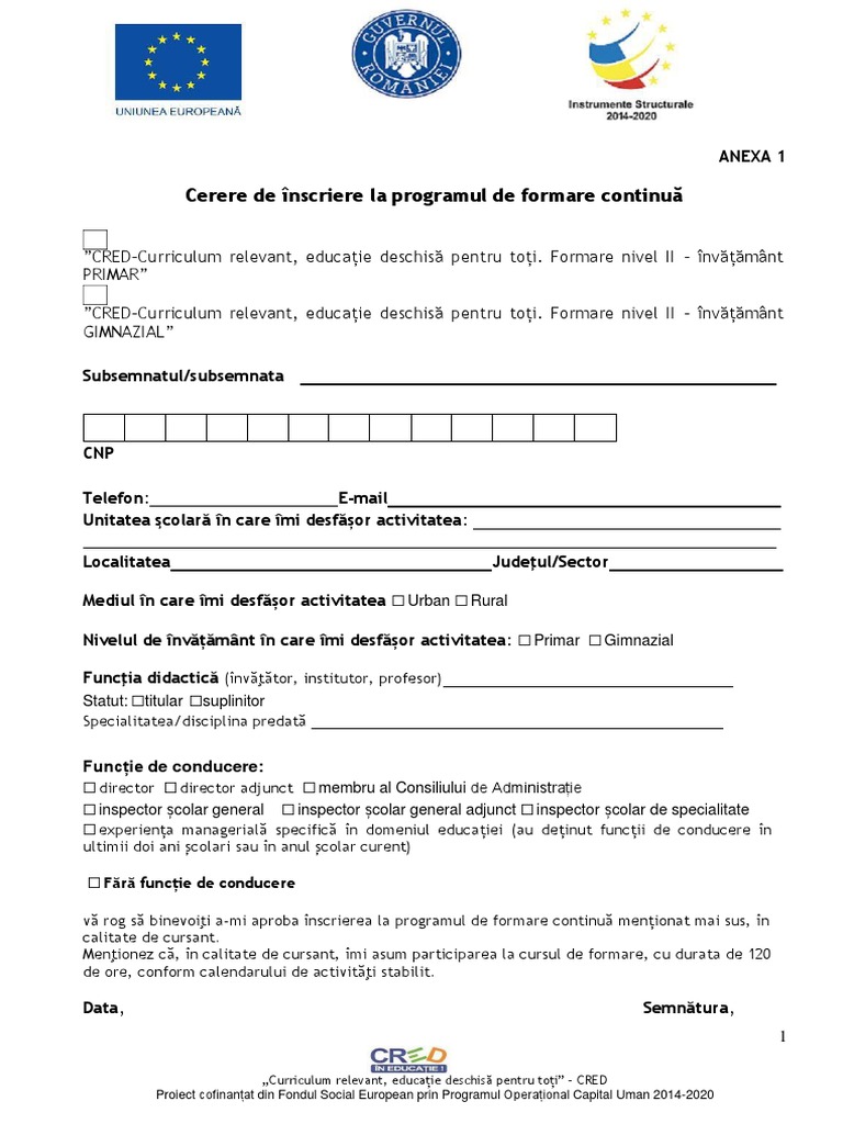 Anexa 1 - Cerere de Inscriere - Program | PDF