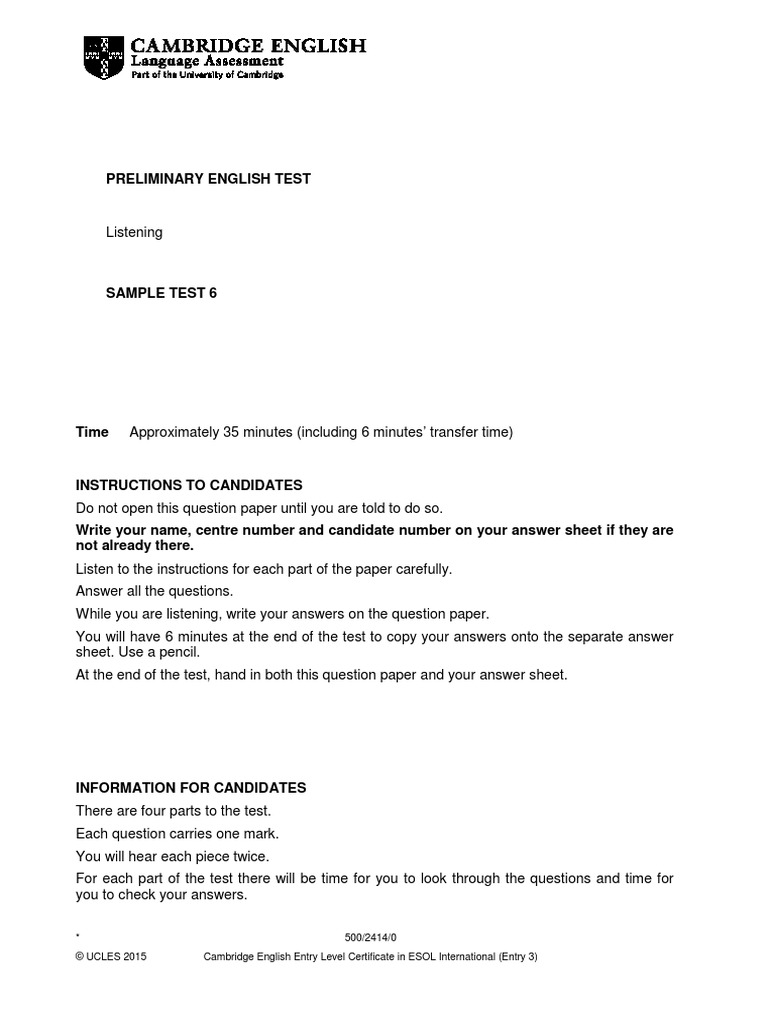 Cambridge English Preliminary Sample Paper 6 Listening v2 | PDF