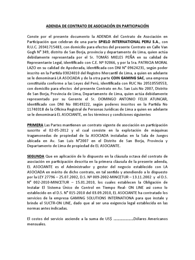 Adenda de Contrato de Asociación en Participación Spielo-Coin Gaming ...