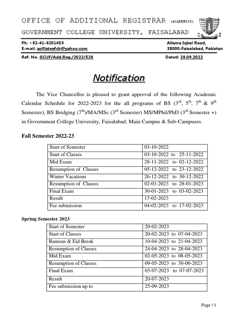 ACADEMIC CALENDAR Schedule FOR 2022 - 2023 Fall, Spring & Summer - Main ...