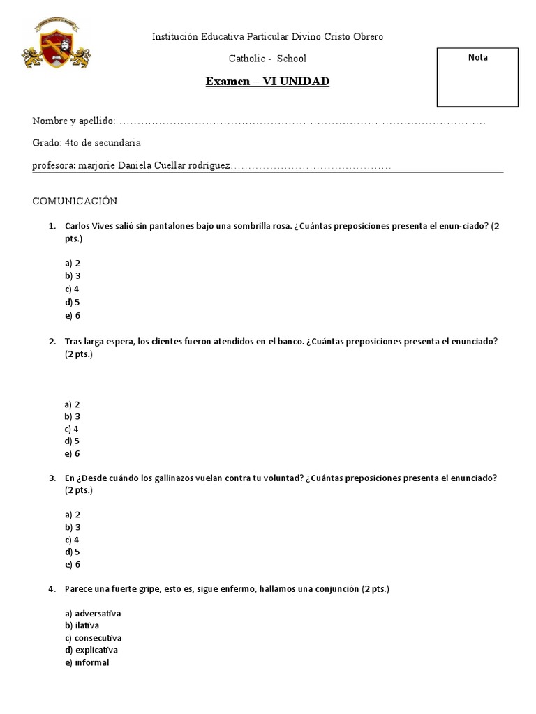 Examen de Comunicación y Literatura 4to Secundaria | PDF | Desorden ...