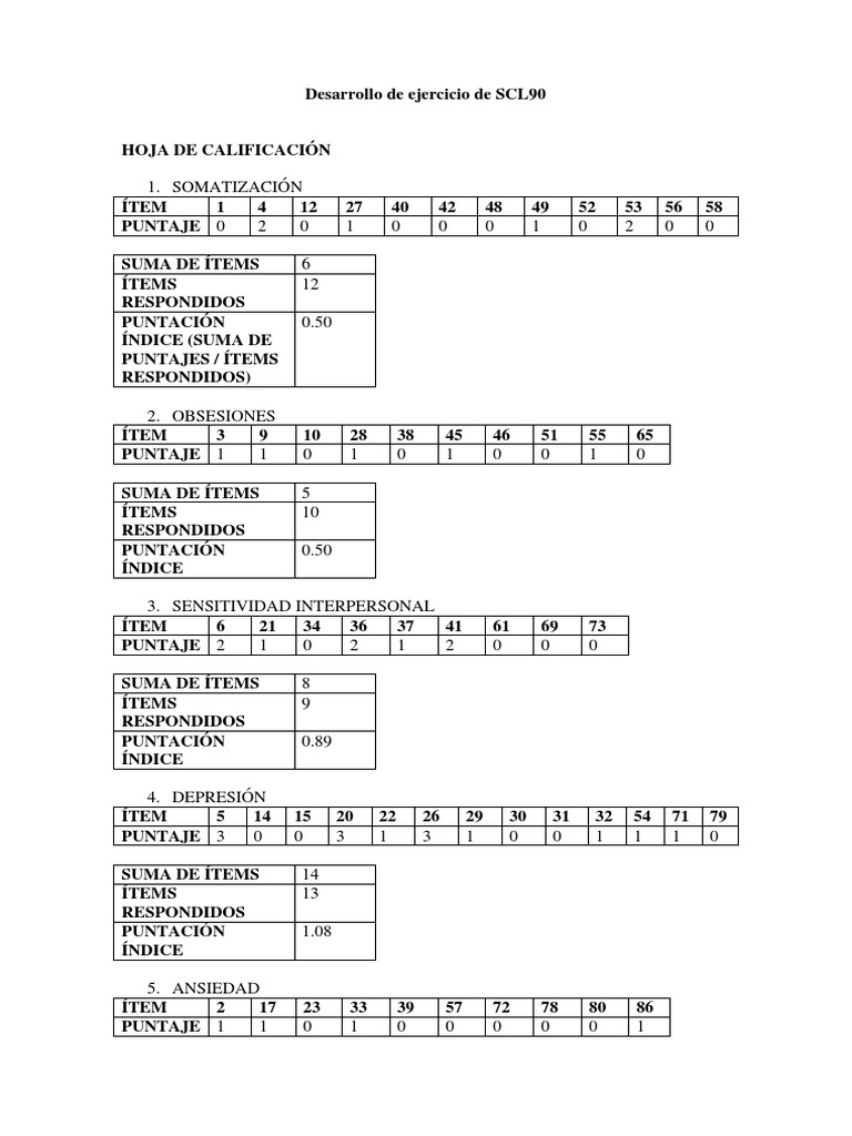 Ejercicio de Calificación SCL-90 | PDF | Depresión (estado de ánimo ...