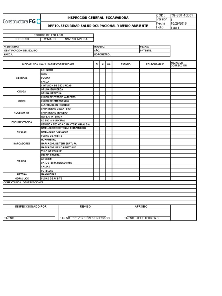 RG-SST-16B v01. LISTA DE VERIFICACIÓN MAQUINARIA PESADA | PDF ...
