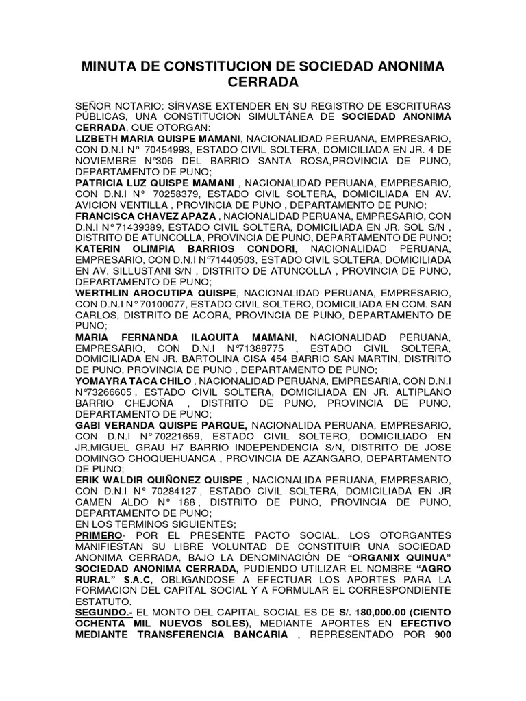 Minuta de Constitucion de Sociedad Anonima Cerrada.. | Descargar gratis PDF | Compartir ...