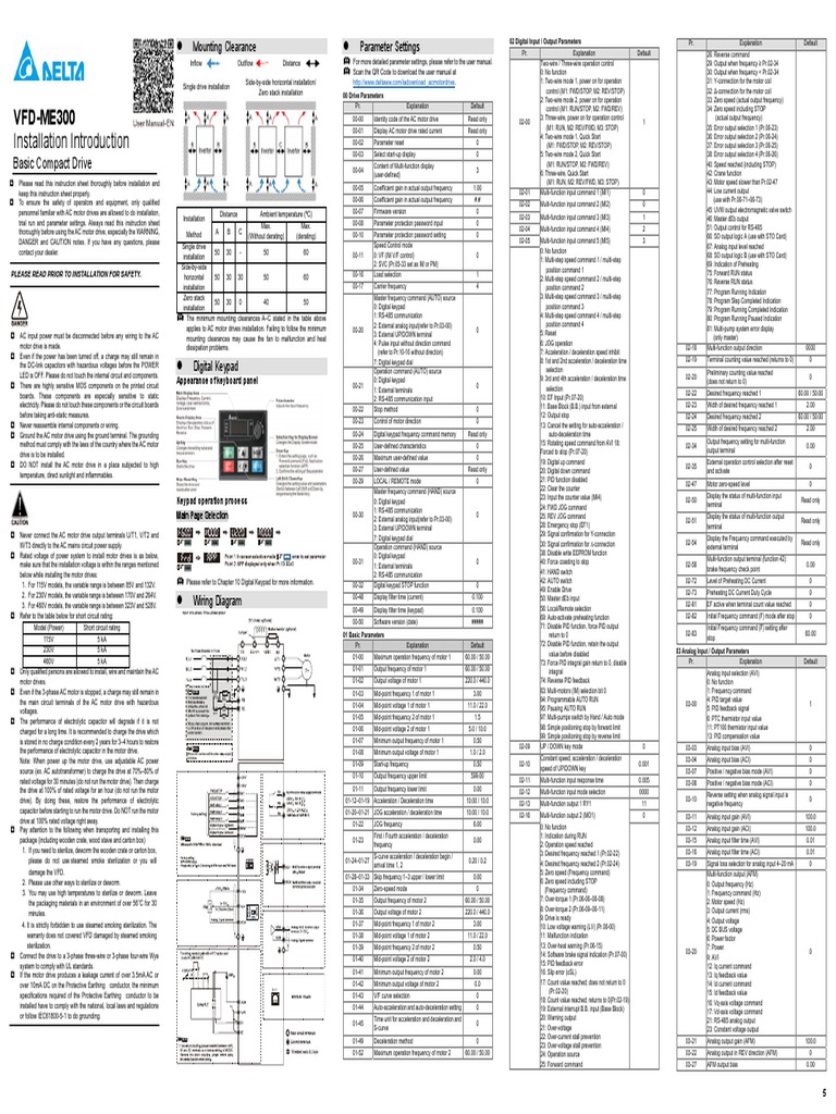 VFD-ME300 Installation Introduction: Mounting Clearance, Parameter Settings for Digital Input ...