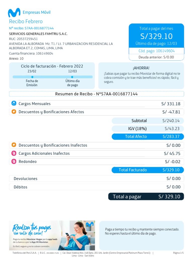 Recibo de servicios móviles de Telefónica del Perú para empresa con ...