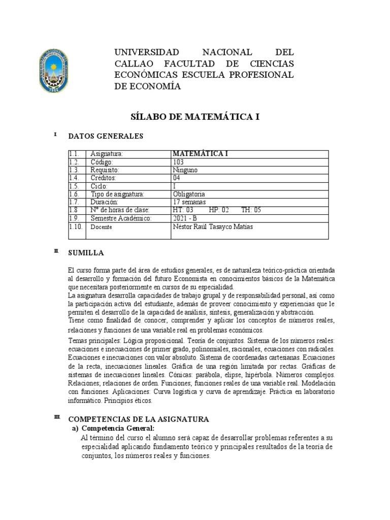 Sílabo de Matematica I - Unac | PDF | Ecuaciones | Teoría