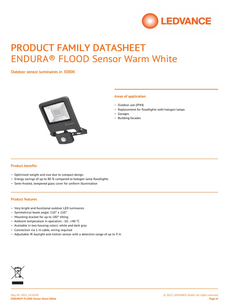 ENDURA Flood Sensor Warm White Datasheet | PDF | Lighting | Equipment