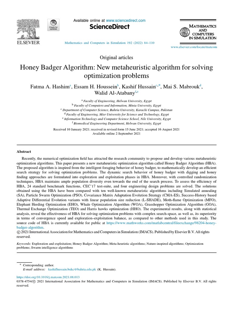 Honey Badger Algorithm New Metaheuristic Algorithm For Solving Optimization Problems 2022 Pdf 