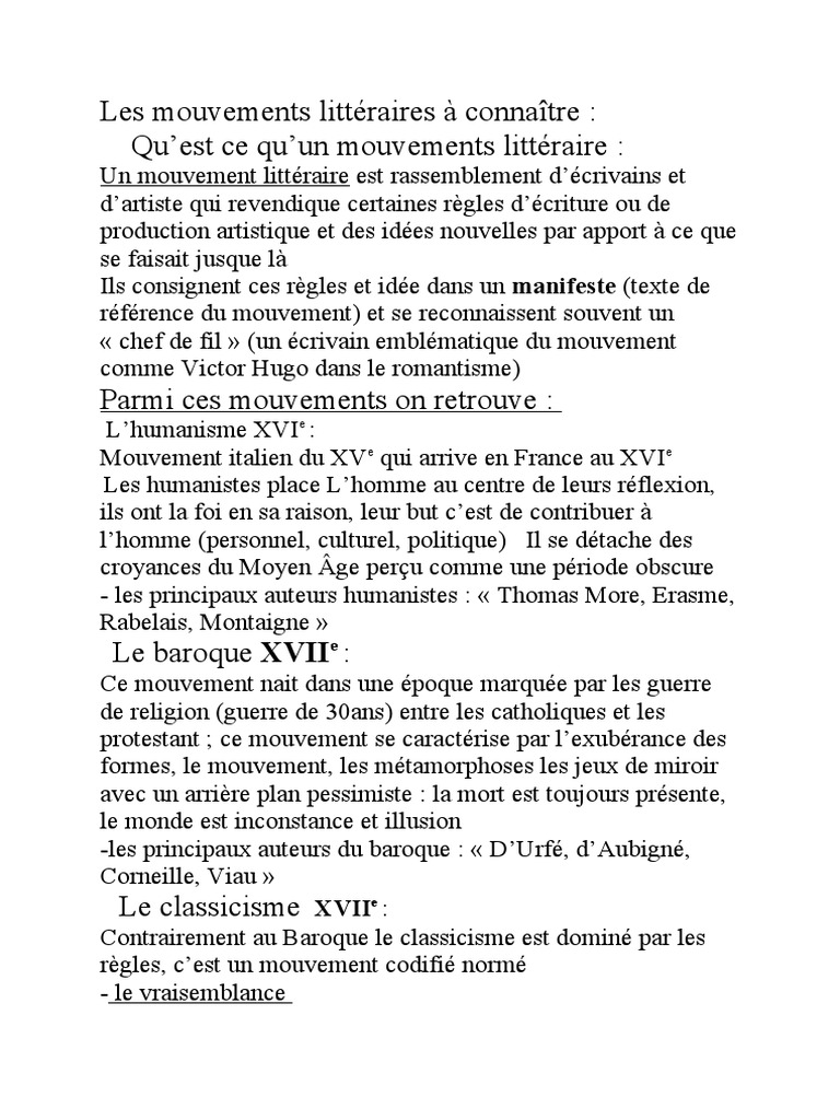 Les Mouvements Littéraires | PDF | Réalisme (littérature) | Romantisme