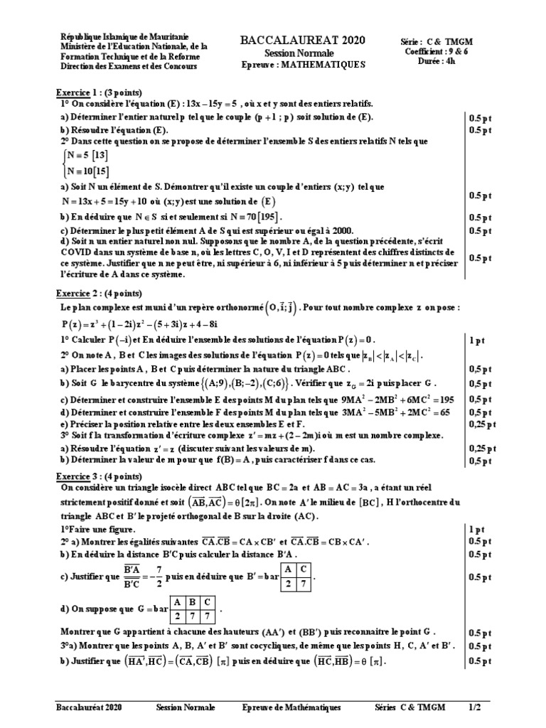 Sujet Bac Maths 2020 Mauritanie C & TMGM | PDF | Mathématiques | Objets ...