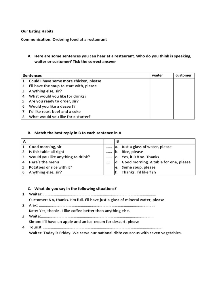 Ordering Food at A Restaurant Worksheet | PDF