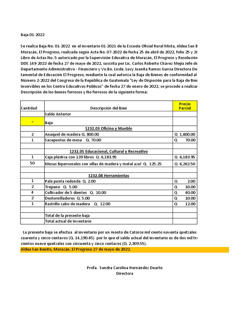 Ejemplo de Baja de Bienes Libro de Inventario | PDF | Guatemala Ejemplo de Baja de Bienes Libro de Inventario | PDF | Guatemala