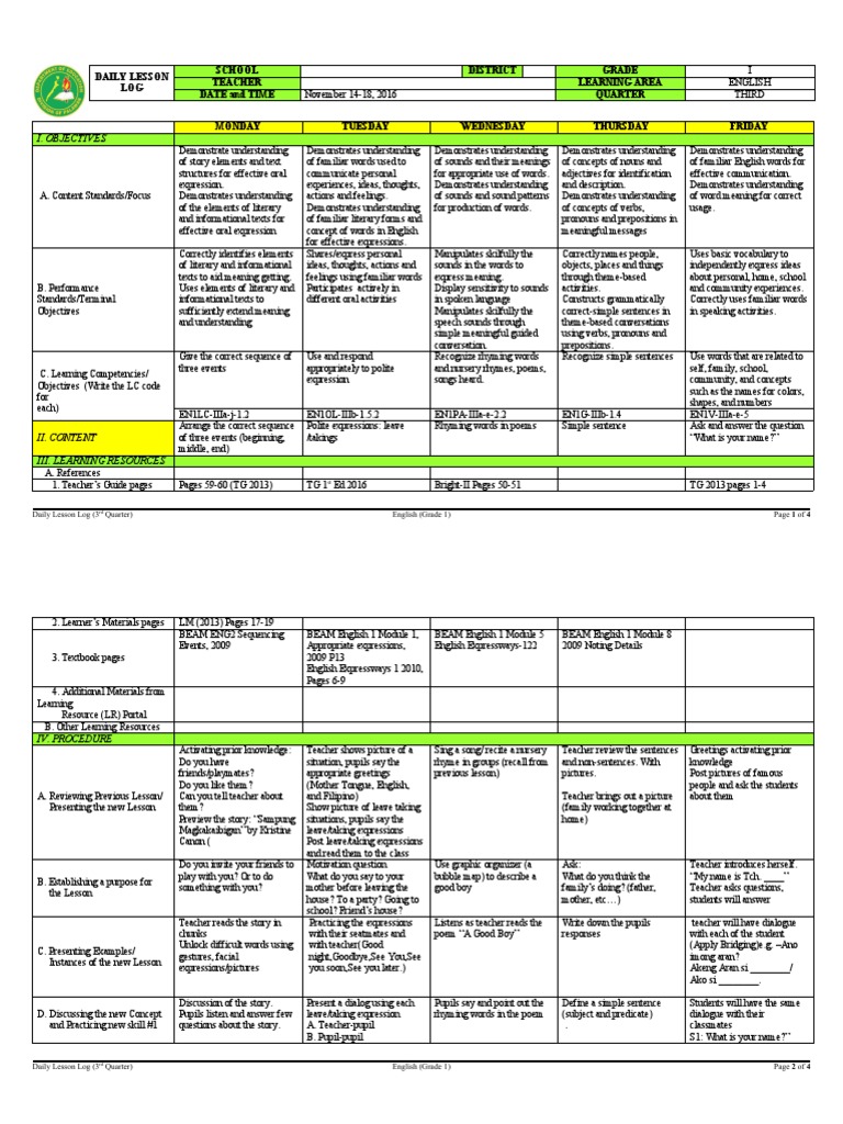 DLL English Grade1 Quarter3 Week2 | PDF | Word | English Language