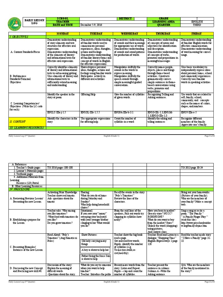 DLL English Grade1 Quarter3 Week5 | PDF | Word | English Language