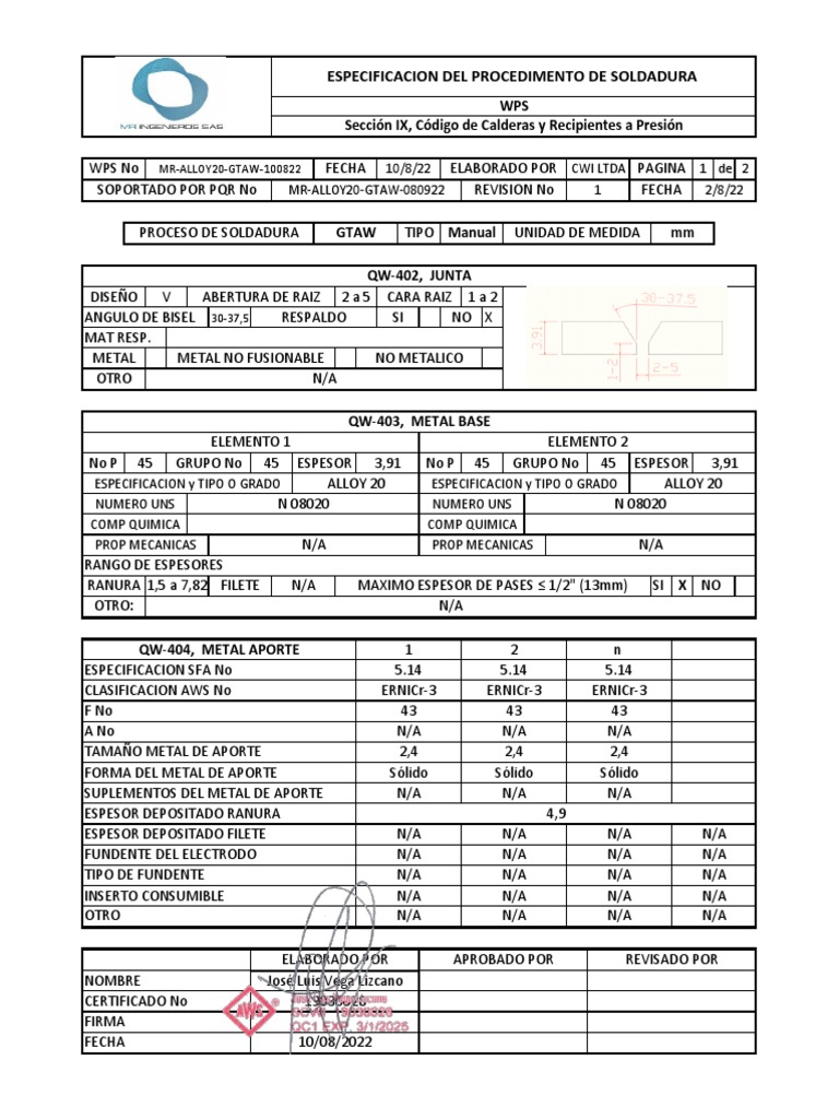 Anexo Técnico Procedimiento Soldadura - WPS ALLOY 20 | PDF | Construcción | Soldadura