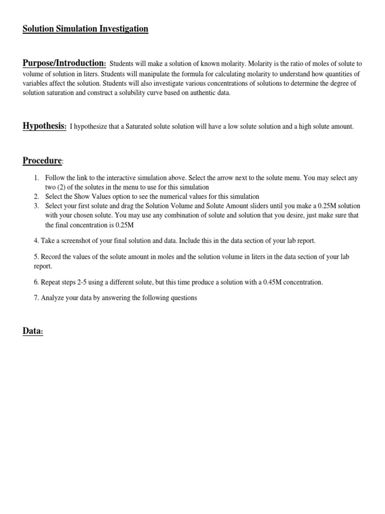 Solution Simulation Lab | PDF | Solubility | Concentration Solution Simulation Lab | PDF | Solubility | Concentration