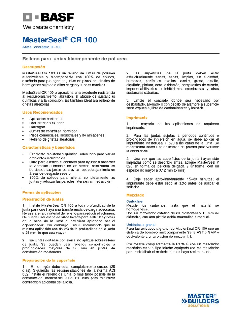 Masterseal-Cr-100 Ficha Tecnica | Descargar gratis PDF | Hormigón | Compuestos químicos