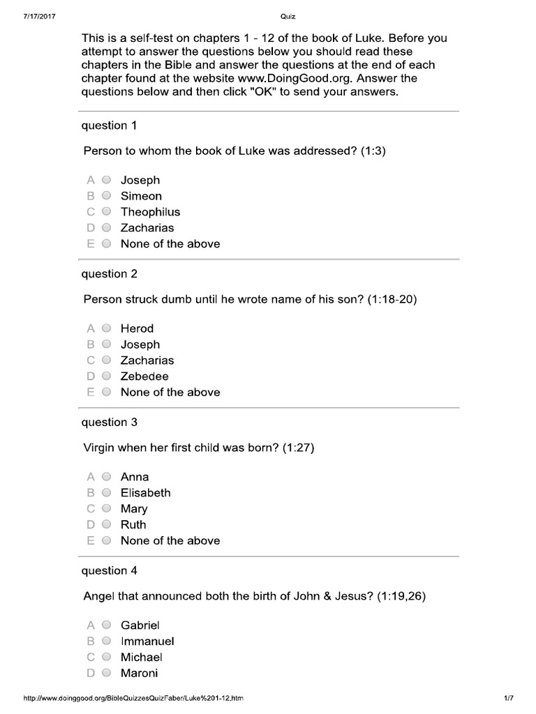 Luke Quiz On Chapters 1 - 12 | PDF
