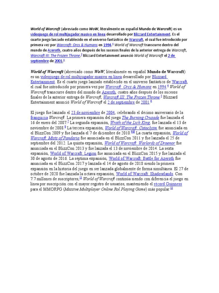 World of Warcraft (Abreviado Como Wow, Literalmente en Español Mundo de ...