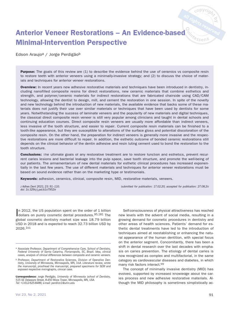 Anterior Veneer Restorations An Evidence-Based Minimal-Intervention ...