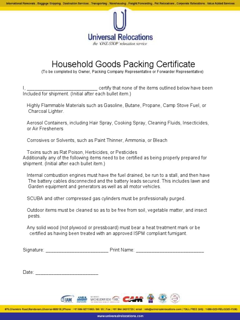 Household Goods Packing Certificate | PDF