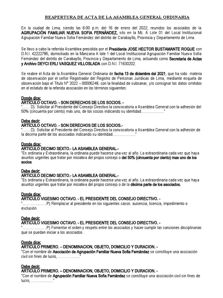 Reapertura de Acta de La Asamblea General Ordinaria | PDF | Gobierno