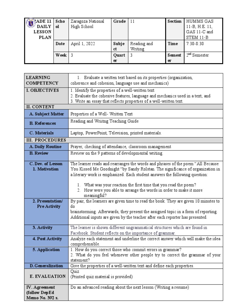 Evaluating the Properties of a Well-Written Text: Organization ...