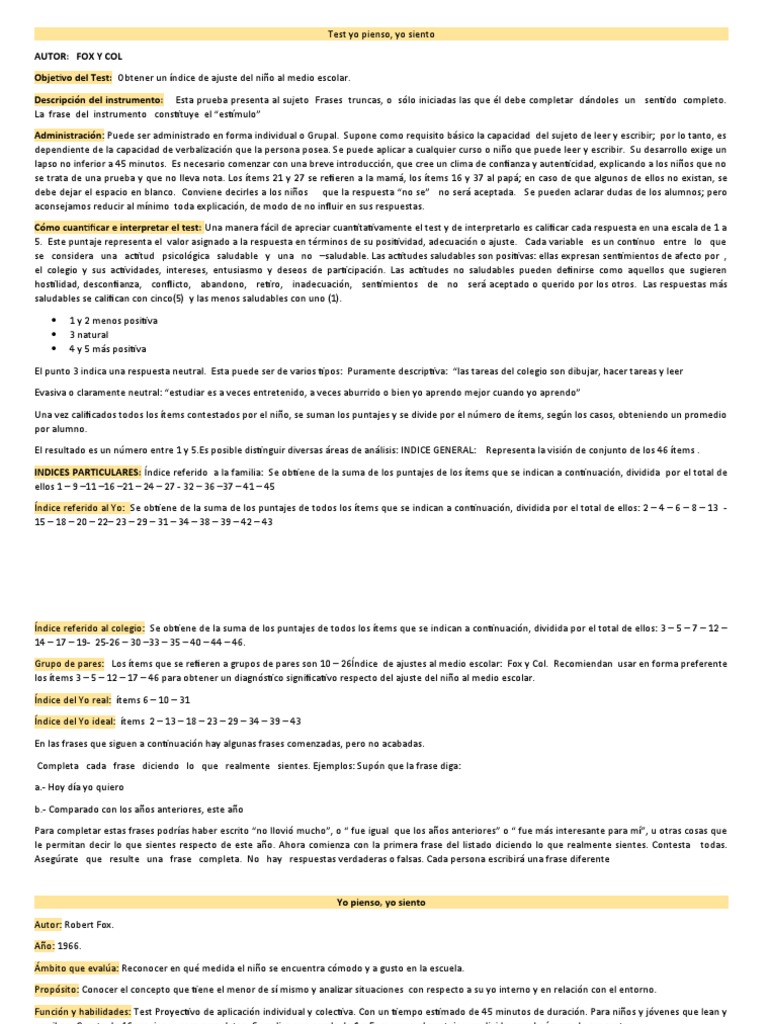 Test de Ajuste Escolar: Yo Siento, Yo Pienso | PDF | Sicología ...