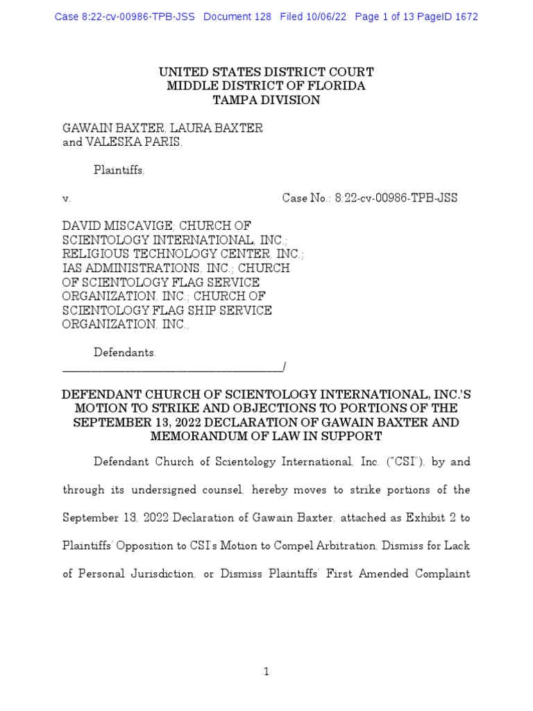 Baxter V Scientology: CSI Motion To Strike Gawain Baxter Declaration ...