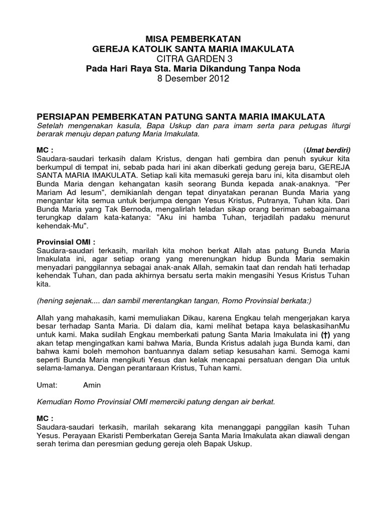 Misa Pemberkatan Gereja Katolik Santa Maria | PDF