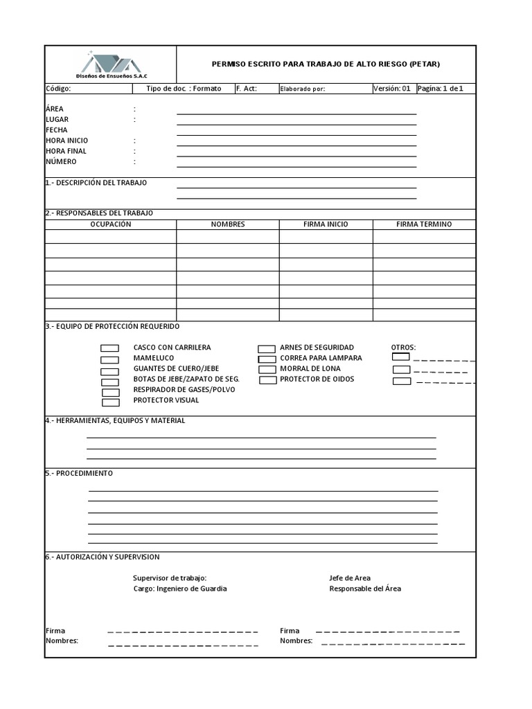 Anexo 12 - Permiso Escrito de Trabajo de Alto Riesgo (Petar) | PDF