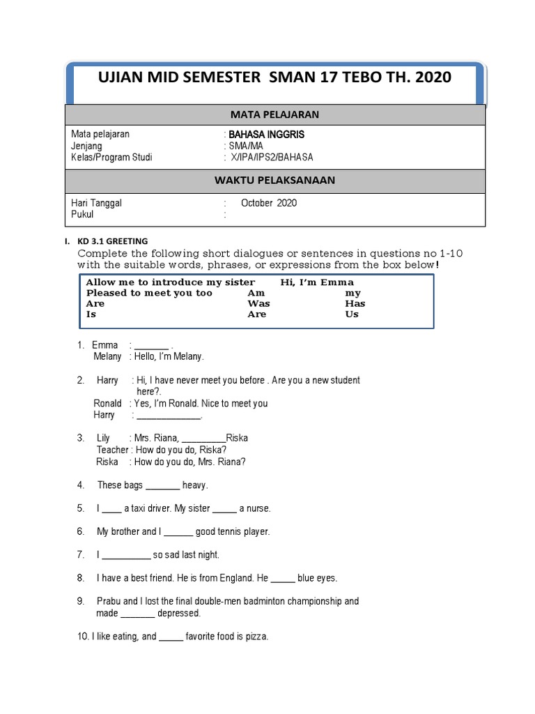 Mid Test KLS X 2020 SMT 1 | PDF