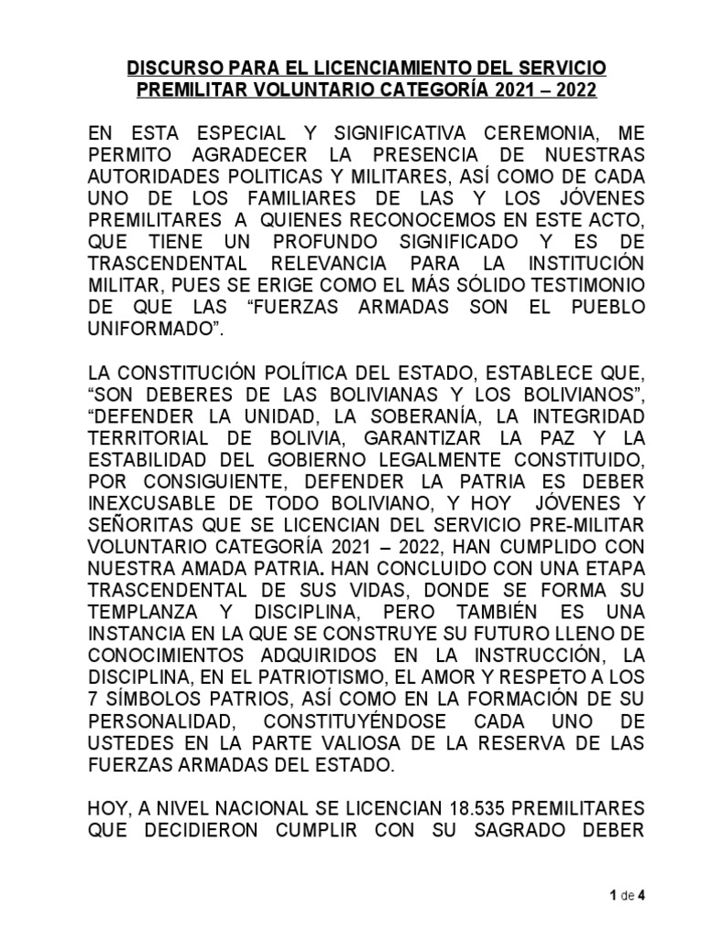 DISCURSO LICENCIAMIENTO PREMILITARES 2022 - Ok | PDF | Bolivia | Militar