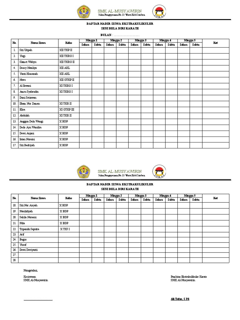 Absensi Karate SMK Almusyawirin | PDF