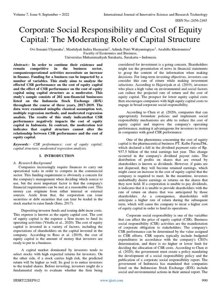 Corporate Social Responsibility and Cost of Equity Capital The Moderating Role of Capital ...