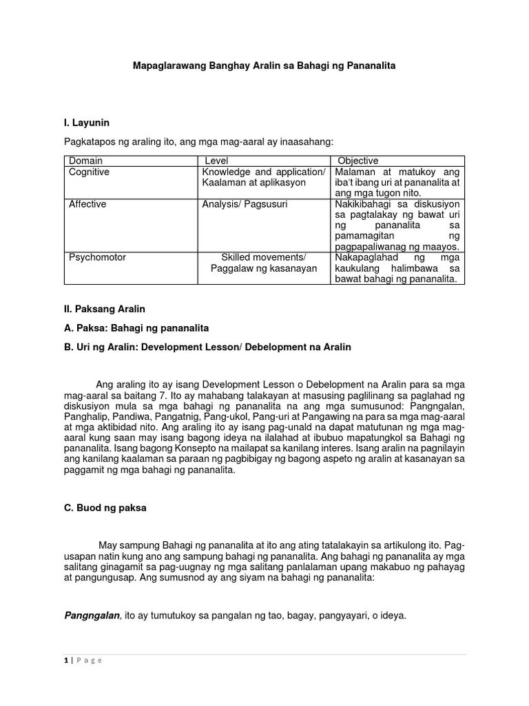Mapaglarawang Banghay Aralin Sa Bahagi NG Pananalita | PDF