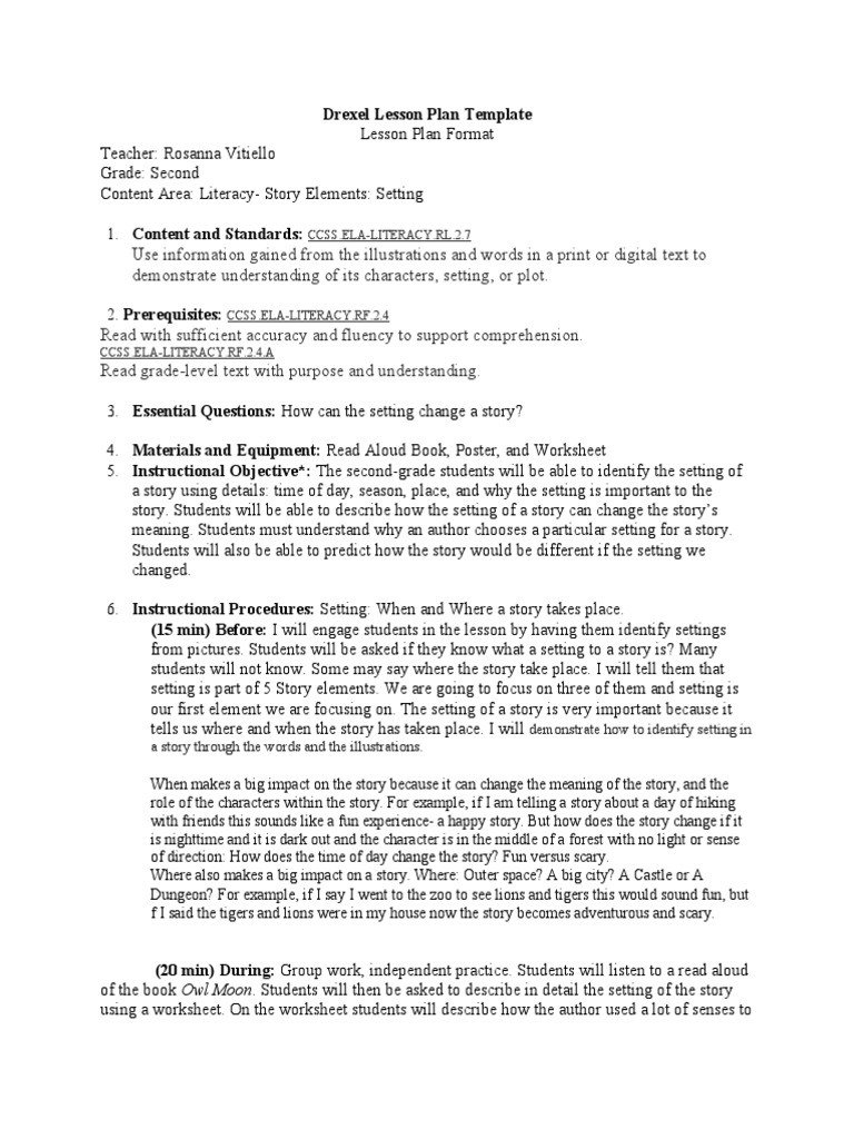 Lesson Plan - Literacy - Setting | PDF | Lesson Plan | Reading ...