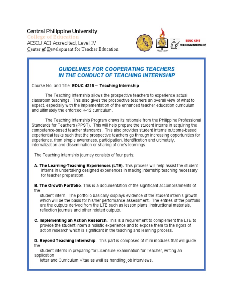 Guidelines For Cooperating Teachers Teaching Internship | PDF