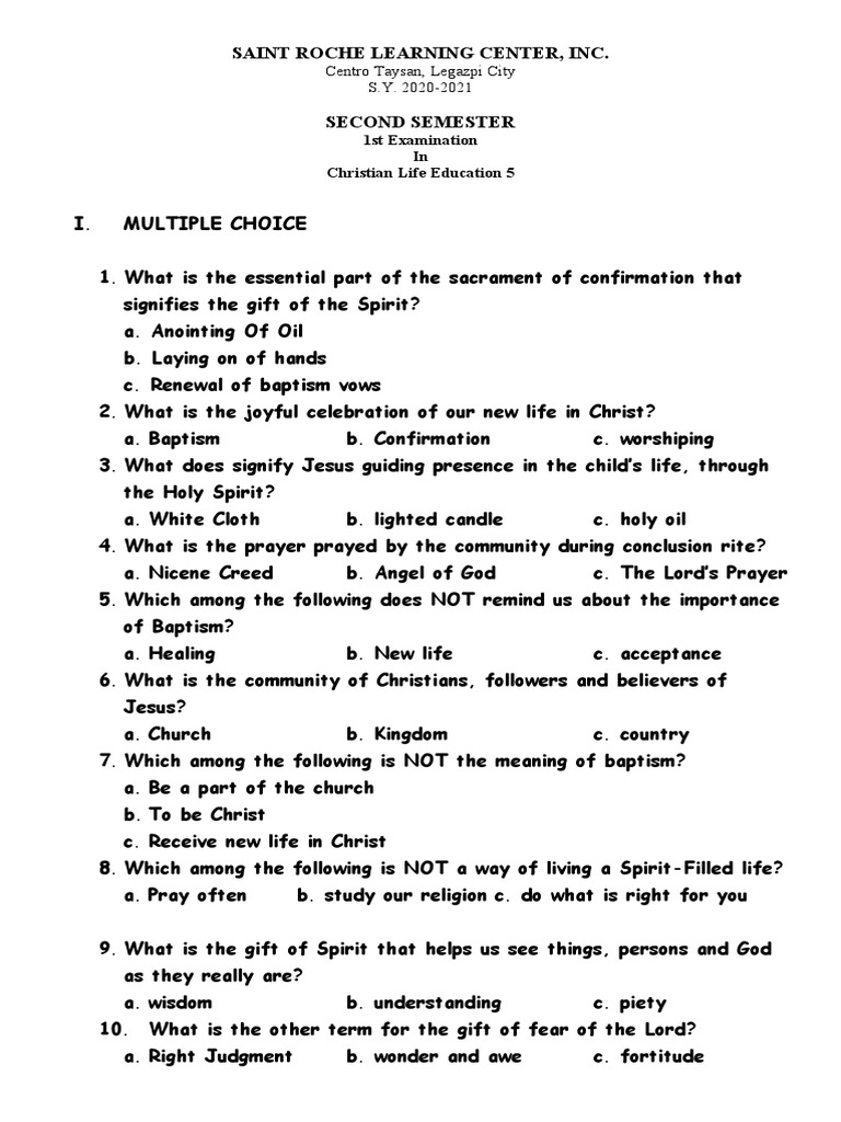Cle 5 Questionaire - 1st | PDF | Confirmation | Sacraments
